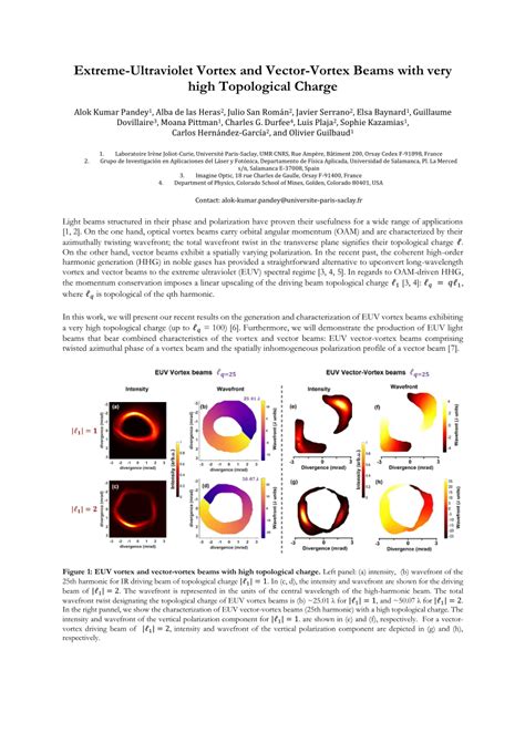Pdf Extreme Ultraviolet Vortex And Vector Vortex Beams With Very High Topological Charge