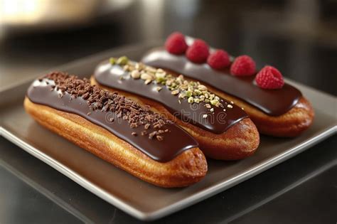 Eclair Trio Shines With Chocolate Coffee And Pistachio Glaze On Elegant