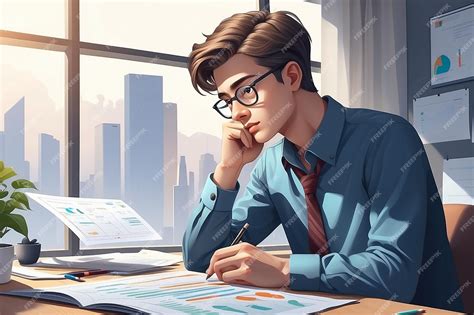 Premium Photo Illustration Of A Young Man Looking At Reports Guy Thinking About Statistics