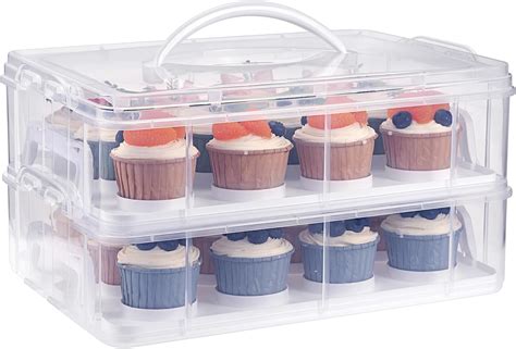 Btsky 2 Tier Clear Plastic Cupcake Holder With Lid And Handles Portable Cupcake