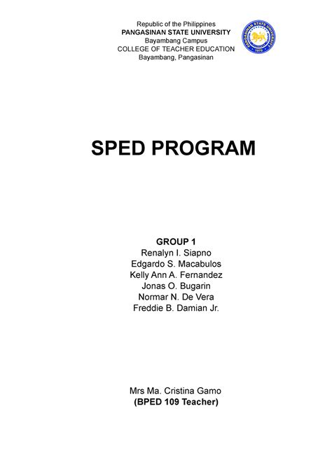 Group 1 Sped Program Republic Of The Philippines Pangasinan State