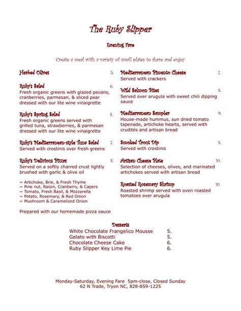 Menu At The Ruby Slipper Restaurant Tryon
