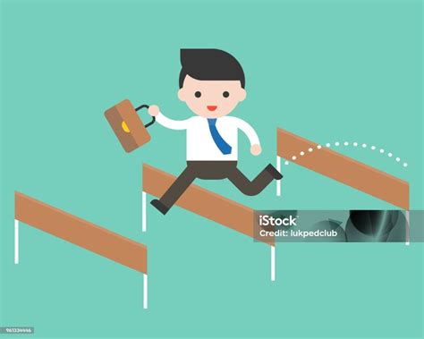 비즈니스 맨 점프 패스 장애물 통과 장애물 비즈니스 상황 개념 평면 디자인 벡터 남자 사업가에 대한 스톡 벡터 아트 및 기타