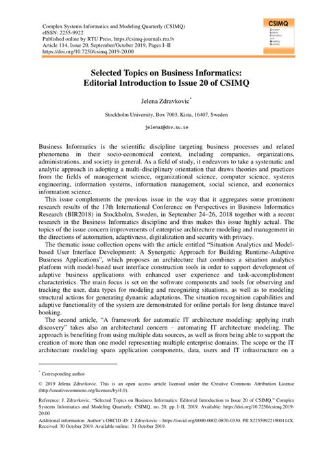 Pdf Selected Topics On Business Informatics Editorial Introduction To Issue 20 Of Csimq