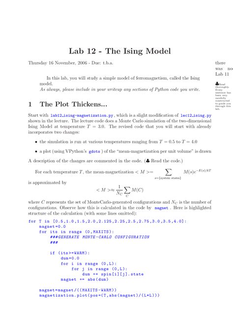 Laboratory12 The Ising Model Fall 2006 Phy 307 Docsity