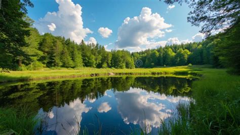 Serene Summer Landscape Forest Lake Reflection And Grassy Field