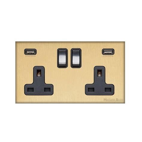 Windsor Range Double Usb Socket 13 Amp In Satin Brass Black Trim Arrow Electrical