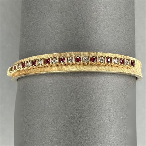 Lot 009 14k Yg Ruby And Diamond Bangle Bracelet 13 Rubies And 12