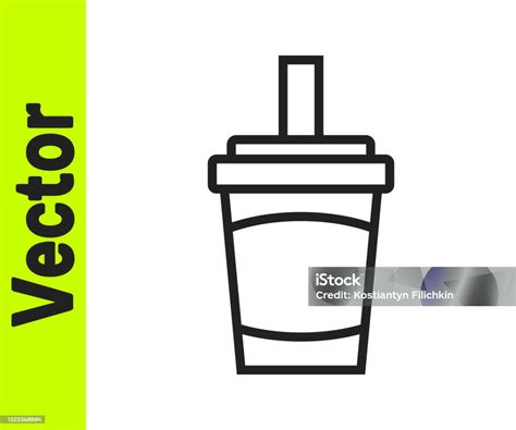 흰색 배경에 고립 된 마시는 빨대와 물 아이콘이있는 검은 줄 종이 유리 소다 음료 유리 신선한 차가운 음료 기호 벡터 가득 찬에 대한 스톡 벡터 아트 및 기타 이미지