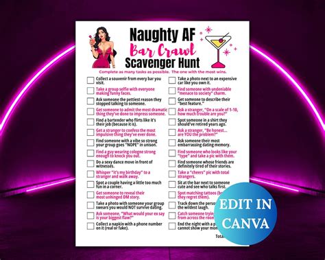 Bar Crawl Scavenger Hunt Wild Girls Night Out Naughty Adult Scavenger