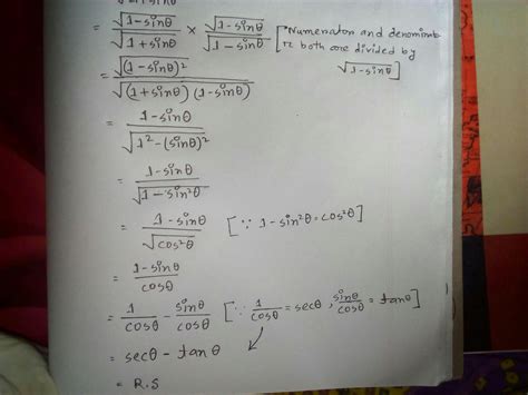 Square Root Of 1 Minus Sin Theta By 1 Sin Theta Is Equal To Secant Theta Minus Tan Theta