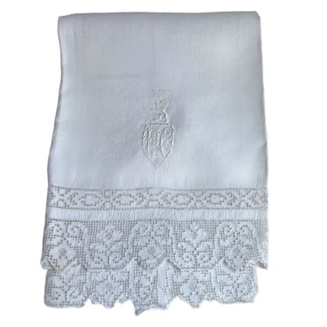 Antique French Hand Embroidered Towel With Elaborate Monogram Lion And