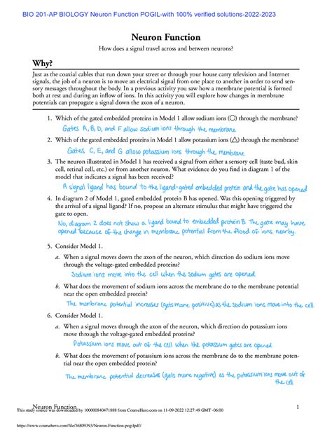 Bio 201 Ap Biology Neuron Function Pogil With 100 Verified Solutions