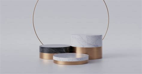 흰색 배경 황금 반지 둥근 프레임 3개의 실린더 추상 최소 개념 빈 공간 단순하고 깨끗한 디자인 고급 미니멀리스트 모형에 격리된 검은색 흰색 대리석 받침대