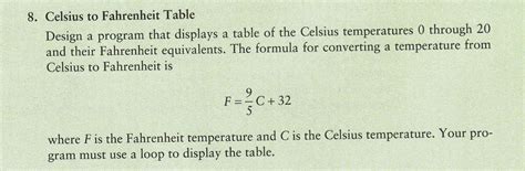 solved 8 celsius to fahrenheit table design a program that