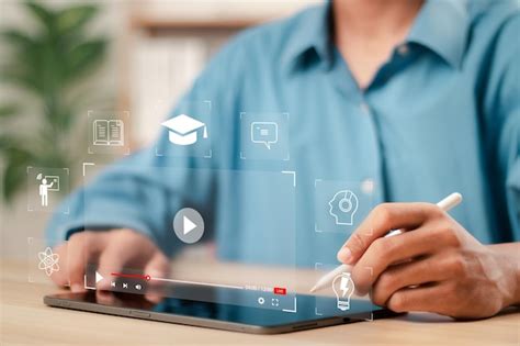 Premium Photo Person Who Attends Online Lessons On A Digital Screen