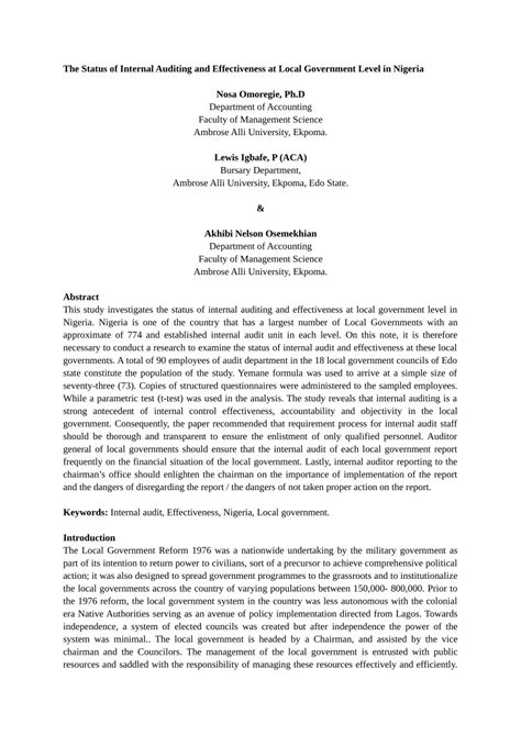 Pdf The Status Of Internal Auditing And Effectiveness At Local Government Level In Nigeria