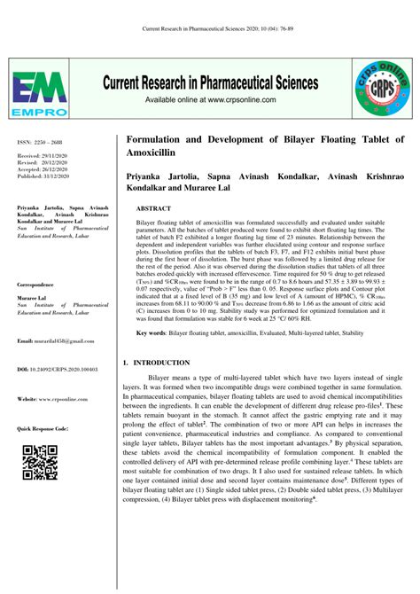 Pdf Formulation And Development Of Bilayer Floating Tablet Of Amoxicillin