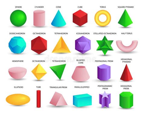 Set Of 3d Geometric Shapes Isometric Views Of Sphere Cylinder Cone Cube Pyramid And