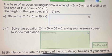 solved 68 85 marks the base of an open rectangular box is of length