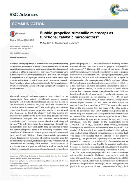 Pdf Bubble Propelled Trimetallic Microcaps As Functional Catalytic Micromotors