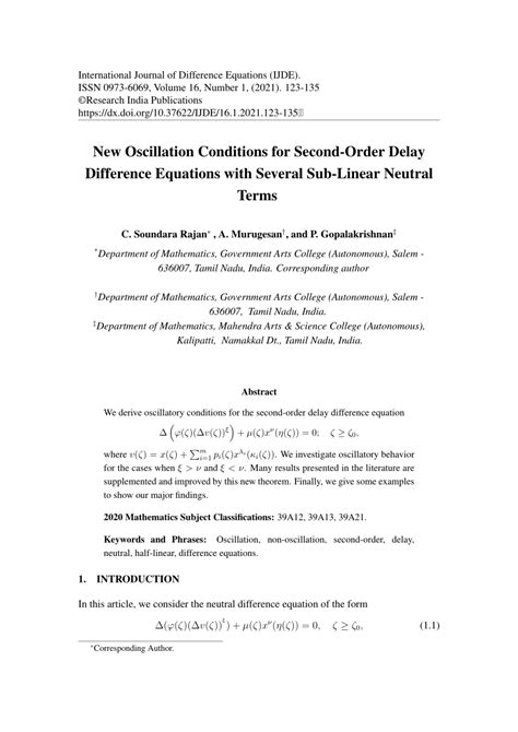 Pdf New Oscillation Conditions For Second Order Delay Difference Equations With Several Sub