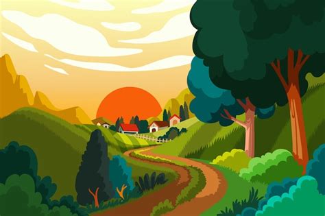 손으로 그린 시골 풍경 배경 무료 벡터