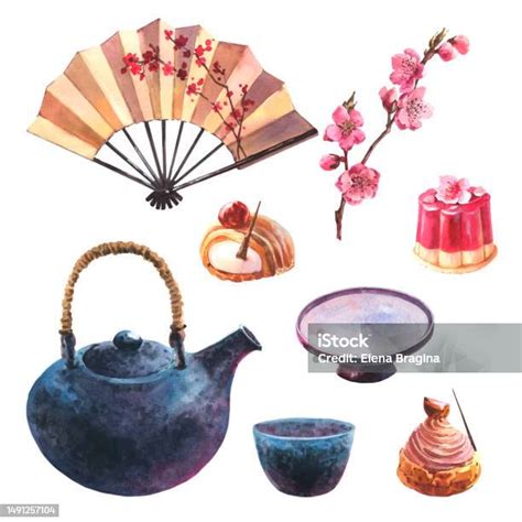 수채화 그림 일본 다도 세트 짙은 파란색 세라믹 찻주전자 차 한 그릇 체리 젤리 접시 재미와 벚꽃 나뭇가지가 있는 컵케이크 흰색