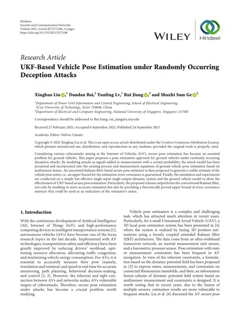 Pdf Ukf Based Vehicle Pose Estimation Under Randomly Occurring Deception Attacks