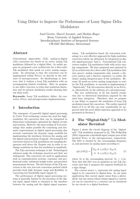 Pdf Using Dither To Improve The Performance Of Lossy Sigma Delta Modulators