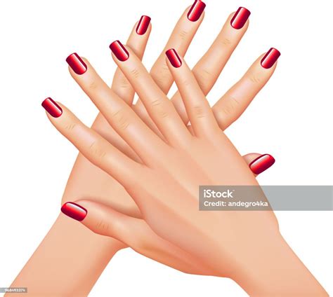 손에 빨간 손톱 매니큐어 백인 벡터 일러스트 레이 션에 격리와 건강관리와 의술에 대한 스톡 벡터 아트 및 기타 이미지 건강관리와 의술 건강한 생활방식 매니큐어 미용술