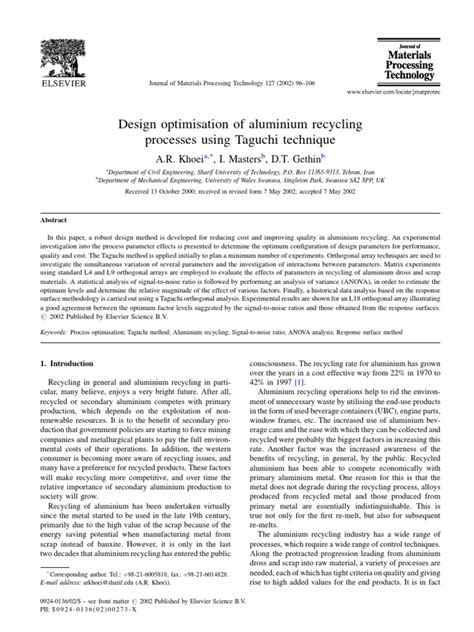 Design Optimisation Of Aluminium Recycling Processes Using Taguchi Technique Download Free Pdf