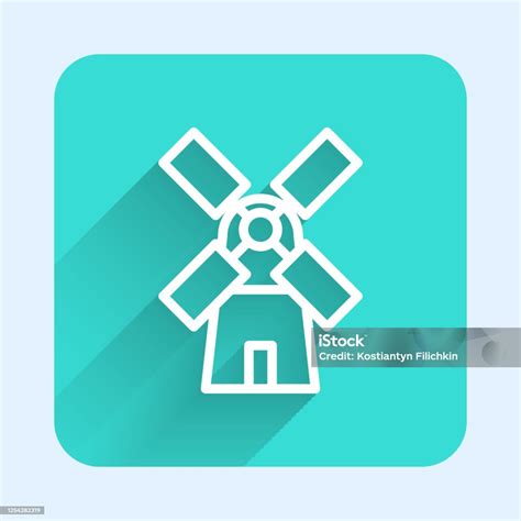 긴 그림자로 격리 된 화이트 라인 풍차 아이콘 녹색 정사각형 버튼입니다 벡터 고풍스런에 대한 스톡 벡터 아트 및 기타 이미지 고풍스런 그림자 기계 부분 Istock