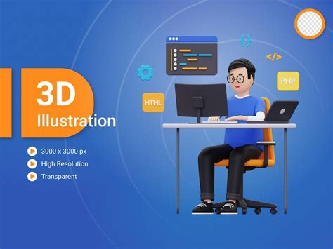 premium psd 3d web developer working on project illustration