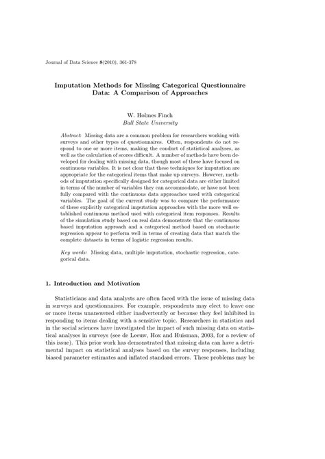 PDF Imputation Methods For Missing Categorical Questionnaire Data A Comparison Of Approaches