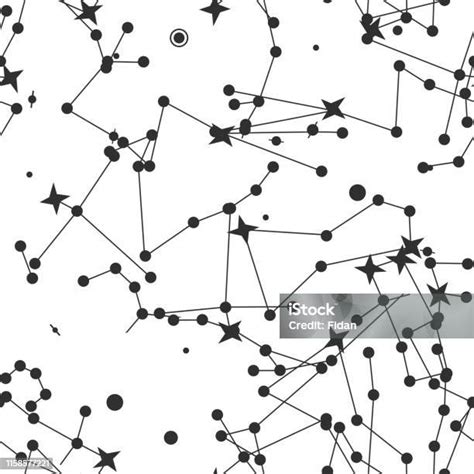 별 공간 우주 조디악 우주 검은 얇은 라인 요소 패턴 벡터 원활한 별자리 흰색 배경입니다 천문학 점성술 개체입니다 직물 직물 배너 디자인 별자리에 대한 스톡 벡터 아트 및