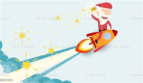 산타 클로스 드라이브 로켓 발사와 공간으로 클라우드를 통해 연기 시작플랫 디자인입니다 벡터 일러스트입니다 감정에 대한 스톡 벡터