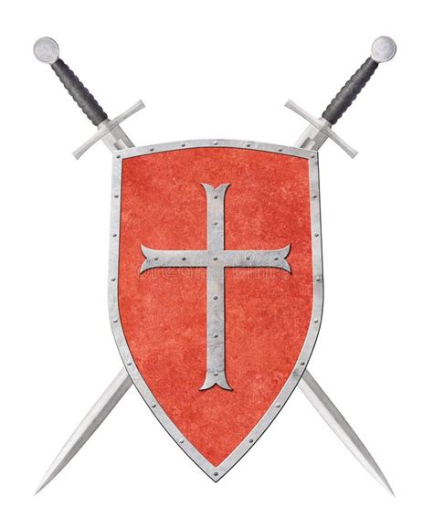 Red Shield Decorated With Metal Cross And Two Swords Isolated On White