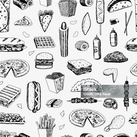 패스트 푸드 스케치 원활한 패턴 맛있는 음식 장식품 손으로 그린 벡터 그림 장식 벽지 배경 직물복고풍 스타일의 디자인 감자 요리에 대한 스톡 벡터 아트 및 기타 이미지