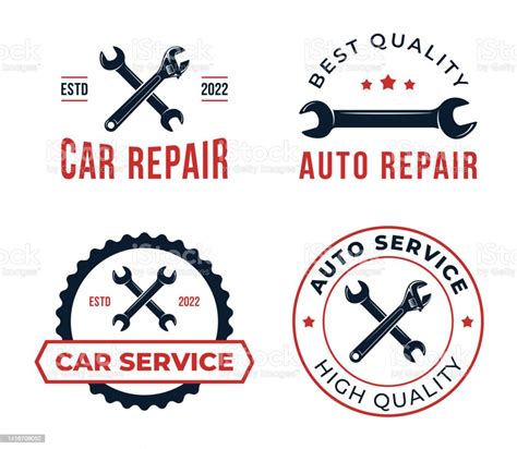 자동 서비스 및 자동 수리를위한 로고 세트 자동차 서비스를 위한 배지 및 라벨 로고에 대한 스톡 벡터 아트 및 기타 이미지 로고 자동차 수리 공장 배지 Istock