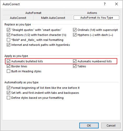How To Turn Off Automatic Creation Of Bulleted And Numbered Lists Microsoft Word