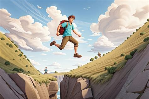 Premium AI Image Man Jump Through Gaps Between Hills