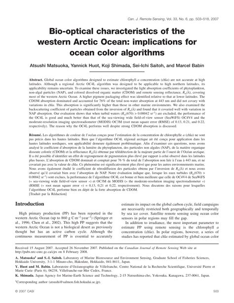 Pdf Bio Optical Characteristics Of The Western Arctic Ocean Implications For Ocean Color