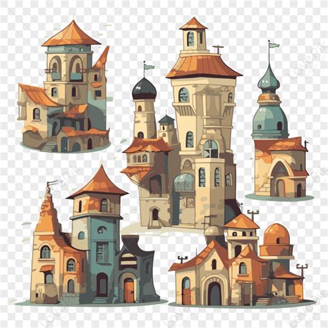 만화 스타일의 건축의 성 그림의 건축 클립 아트 세트 벡터인간 정착건물 Png 일러스트 무료 다운로드 Lovepik