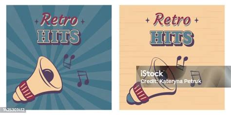 복고풍 음악 포스터 스피커 메모 레터링이있는 빈티지 배경 세트 캘리그래피 텍스트 배너 전단지 플래 카드 디스코 파티 축제 초대장 광고에 대한 벡터 일러스트 레이 션