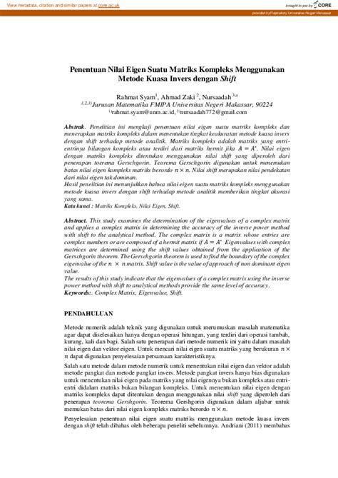 Pdf Penentuan Nilai Eigen Suatu Matriks Kompleks Menggunakan Metode