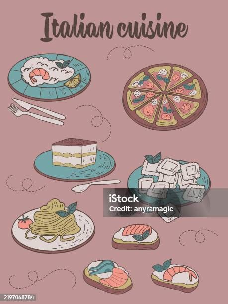 낙서 스타일의 이탈리아 요리 요리 리조또 피자 티라미수 파스타 라비올리 브루스케타의 스케치 요리책 또는 메뉴 포장 스티커 광고 설정 이탈리안 음식 국가 관광명소에 대한 스톡