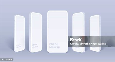 줄지어 서있는 흰색 전화 모형 클레이 모바일 스마트 폰은 보라색 배경에 고립 된 빈 화면으로 설정됩니다 앱 디자인 프리젠 테이션 또는 미디어 프로모션을위한 3d 벡터