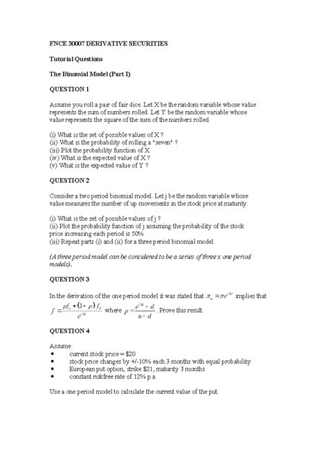 Binomial I Tut Fnce 30007 Derivative Securities Tutorial Questions