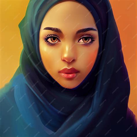 히잡 초상화 만화 일러스트와 함께 아름 다운 이슬람 여자 프리미엄 사진